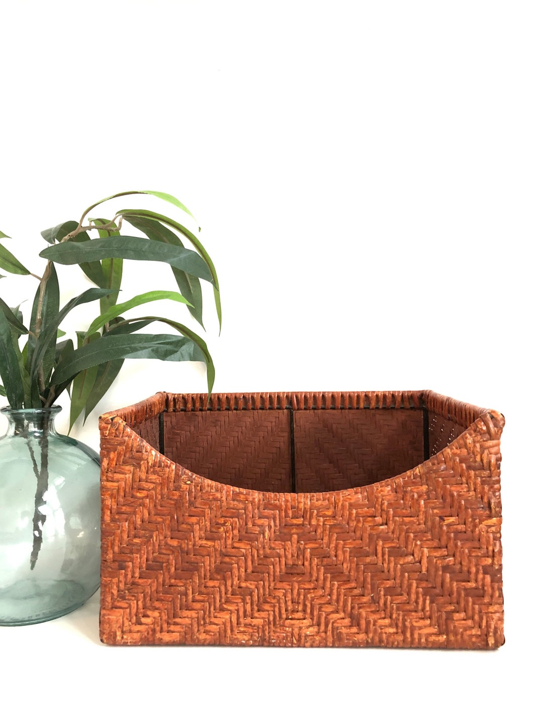 Vintage Wicker Woven Storage Box / Organizer / Filing Basket Midcentury ...