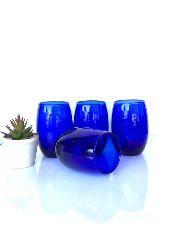 Set Of Six MCM Blue Roly Poly Cocktail Glasses Vintage Blue Round ...