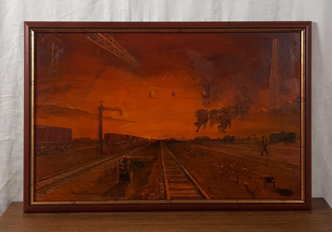 Railroad Painting, Sunset, Railway Art, Train Track Artwork, Original ...