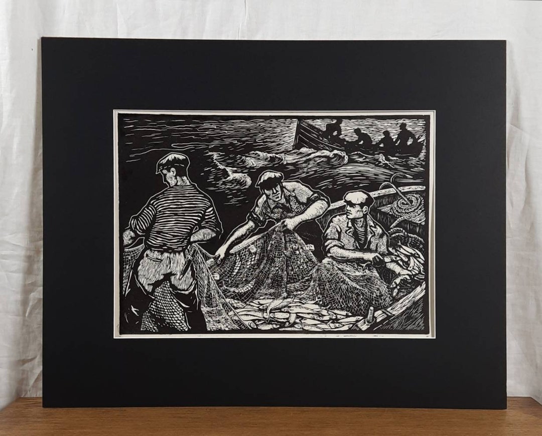 Vintage Linocut Print, Fishermen, European Fine Art, One of a Kind - Etsy