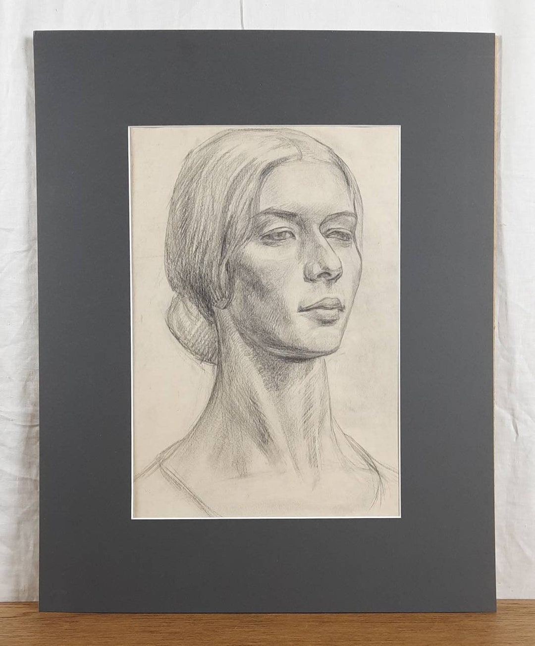 Elegant Female Head Pencil Drawing, 1970s Female Portrait, Graphite ...