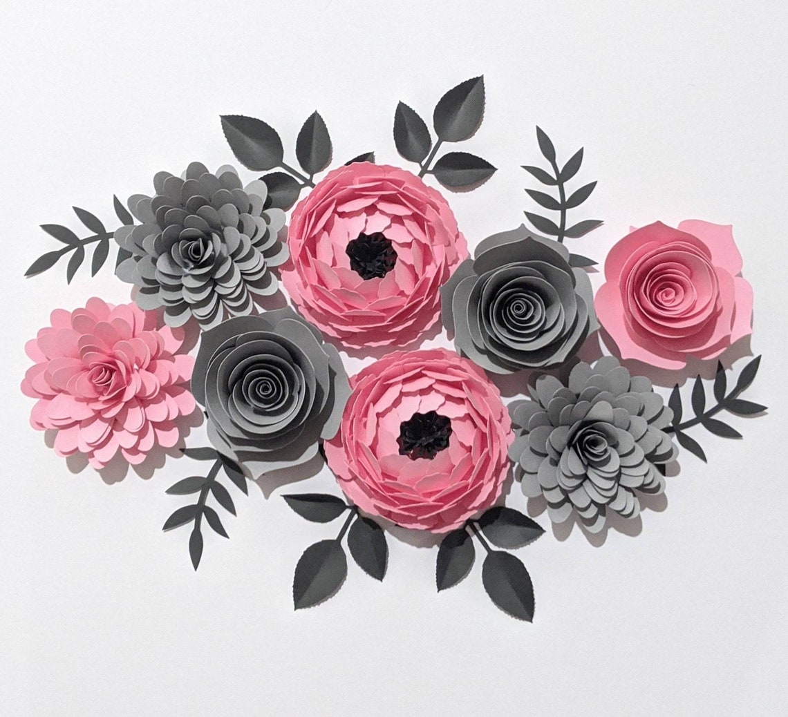Paper Flower Set of 8 Pink and Gray Nursery Wall Flowers for - Etsy
