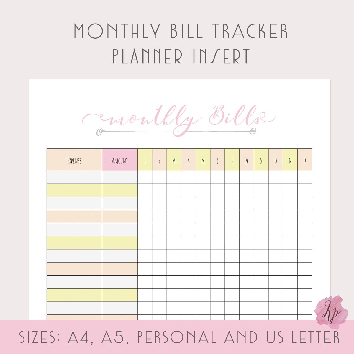 PRINTABLE Planner Insert MONTHLY BILLS Tracker - A4, A5, Us Letter (5 ...
