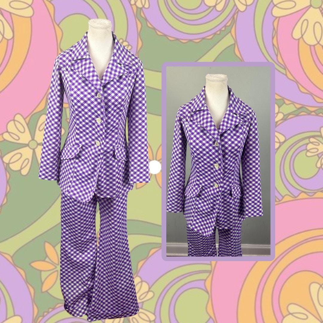 Vintage 70s Fire Island Purple White Check Polyester Flare Leg Pant ...