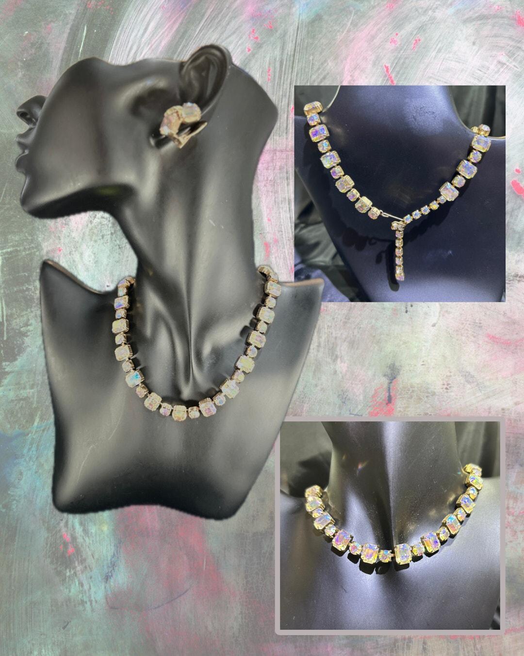 Vintage Signed Ann Vien Gold Tone AB Opal Rhinestone Earring Necklace ...