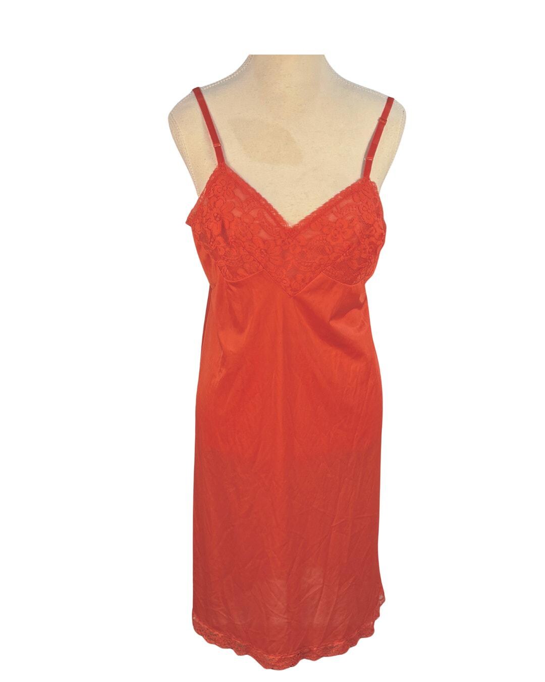 Vintage 50s Vanity Fair Vivid Red Coral Embroidery Lace Full Slip Size ...