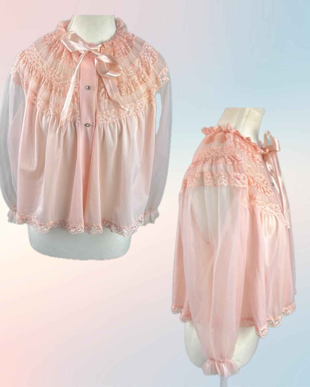 Vintage 60s 70s Pandora Pink Ruffle Bow Lace Rhinestone Button Bed ...
