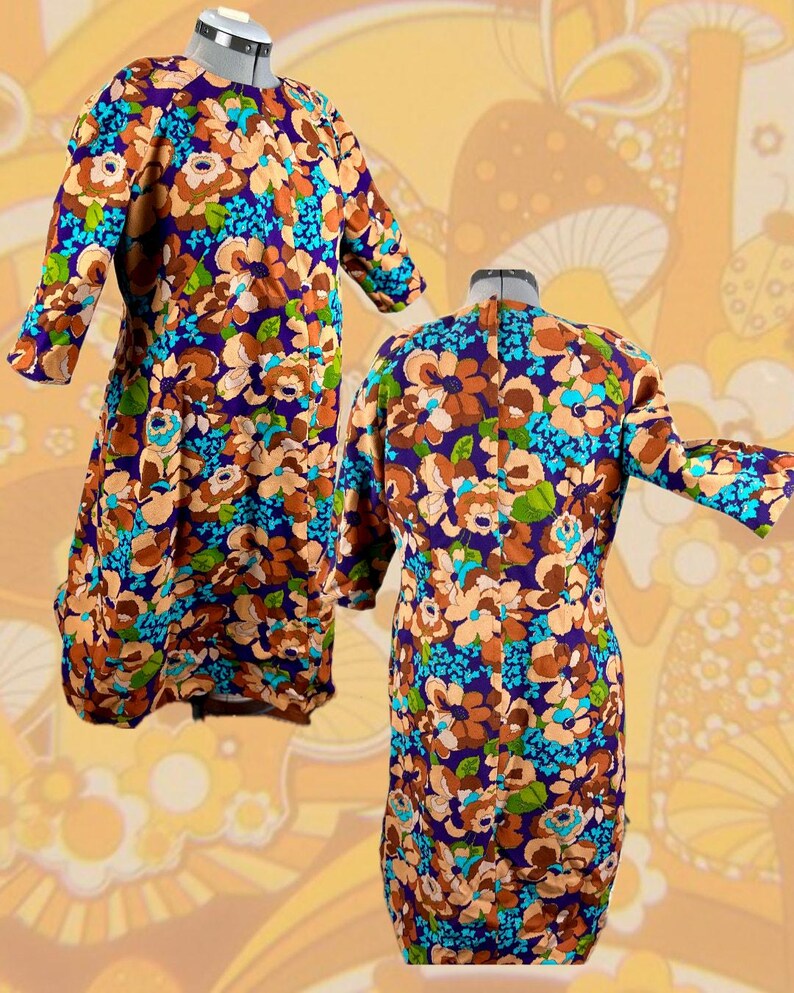 Volup Vintage 70s Flower Power Brown Poppies Polyester Stretchy Tunic ...