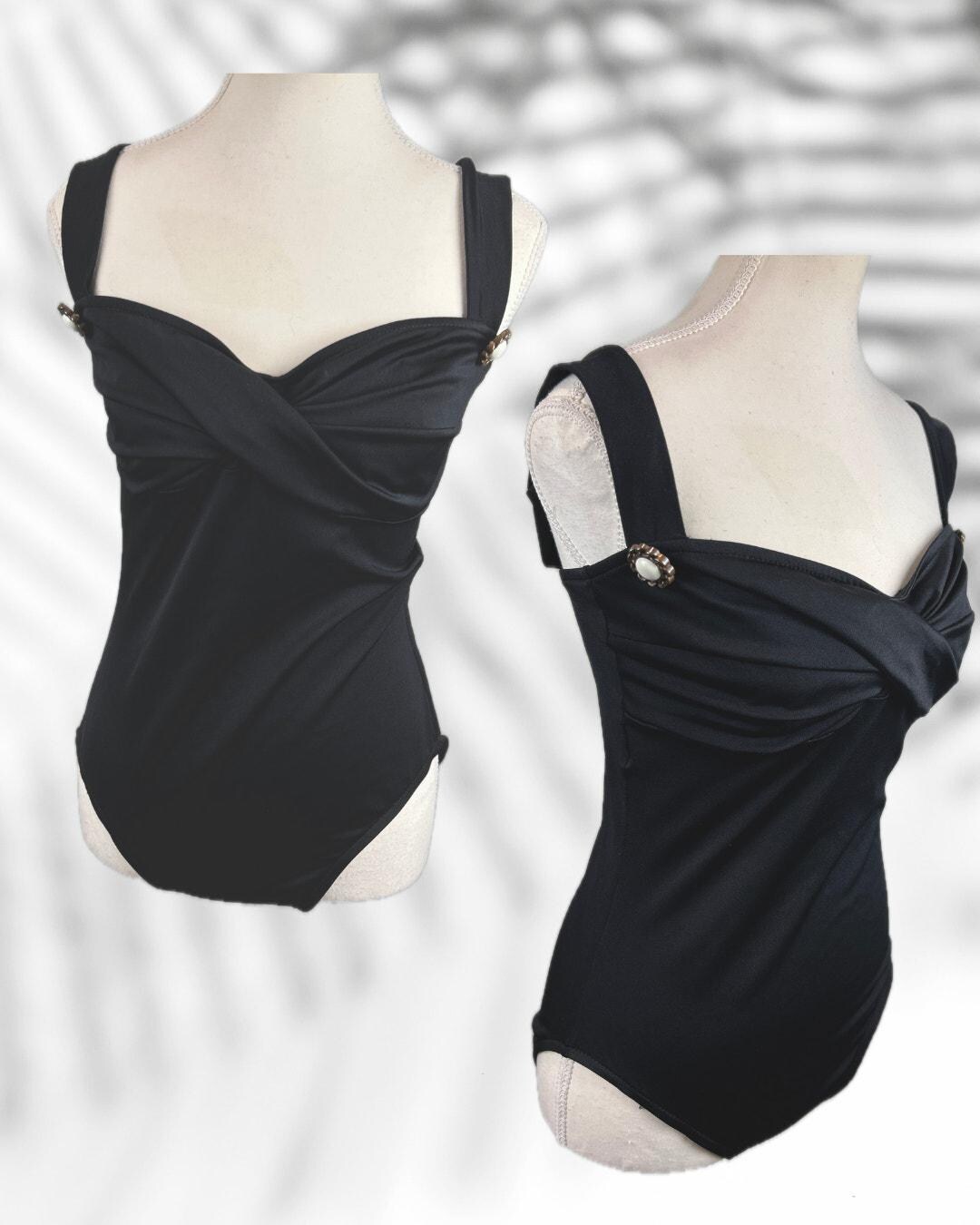 Vintage 1970s Mainstream Black One Piece Surplice High Hip Rise Bathing ...