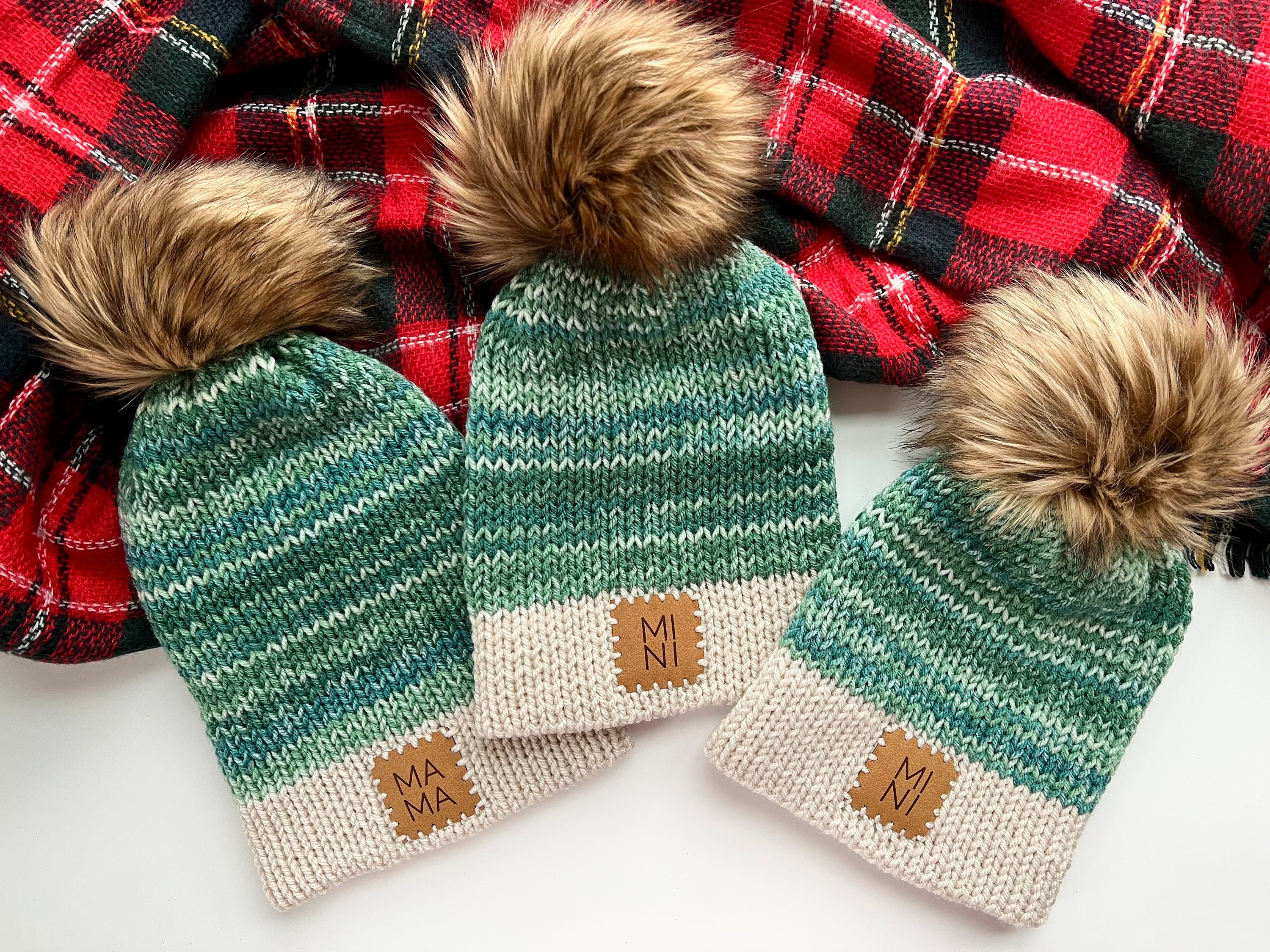 Green Mama and Mini Hats with faux fur poms- Ready to ship!
