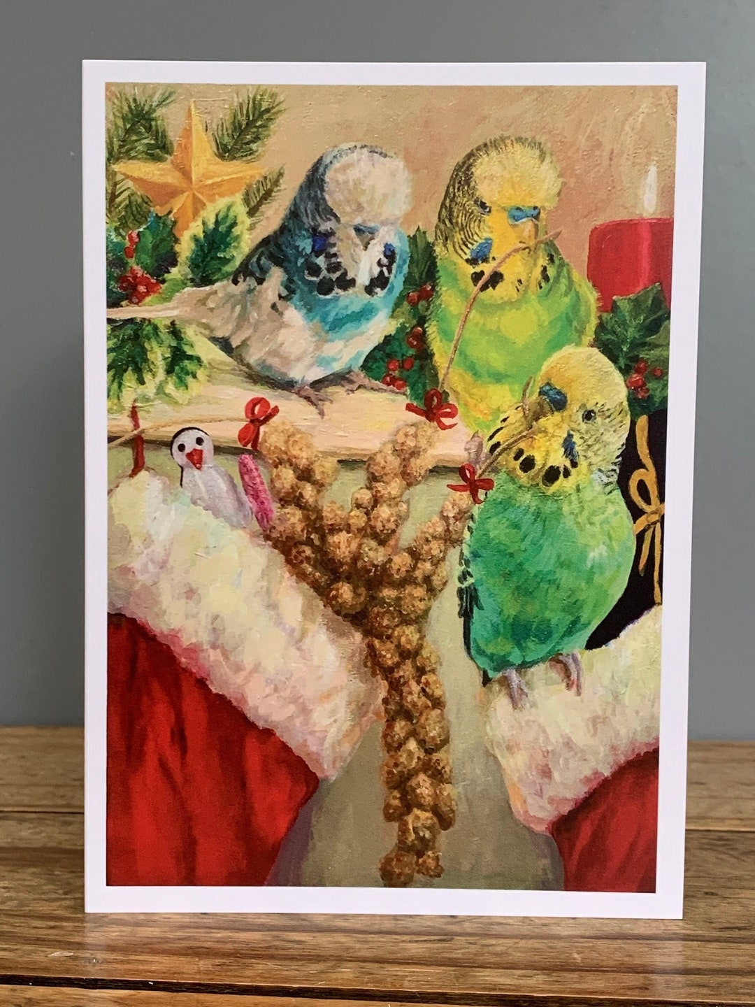Budgie Christmas Card, Parakeet Art, Christmas Stockings, Cute Bird ...