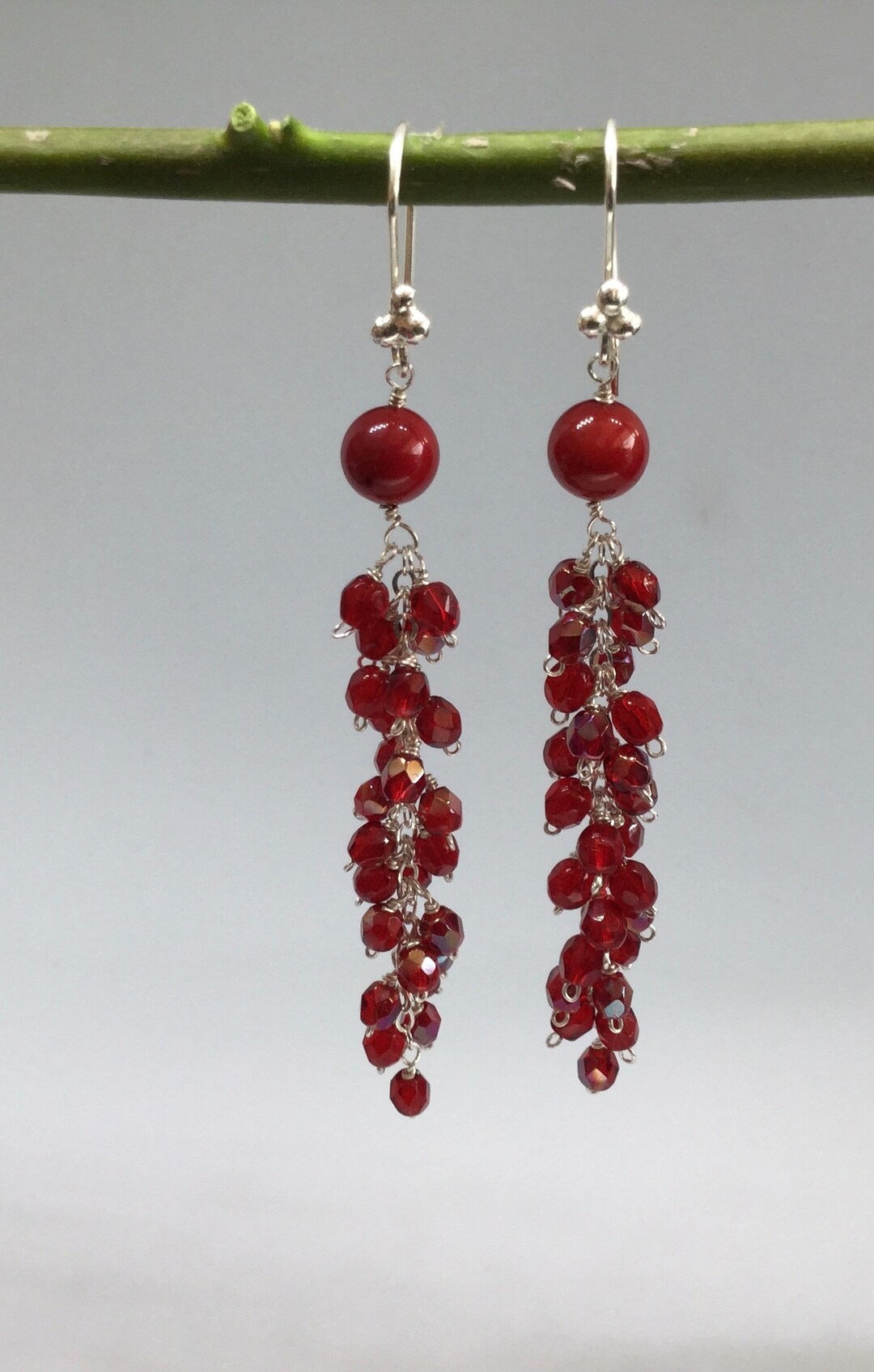 Red Coral Cluster Earrings, Sterling Silver Dangle Earrings, Red ...