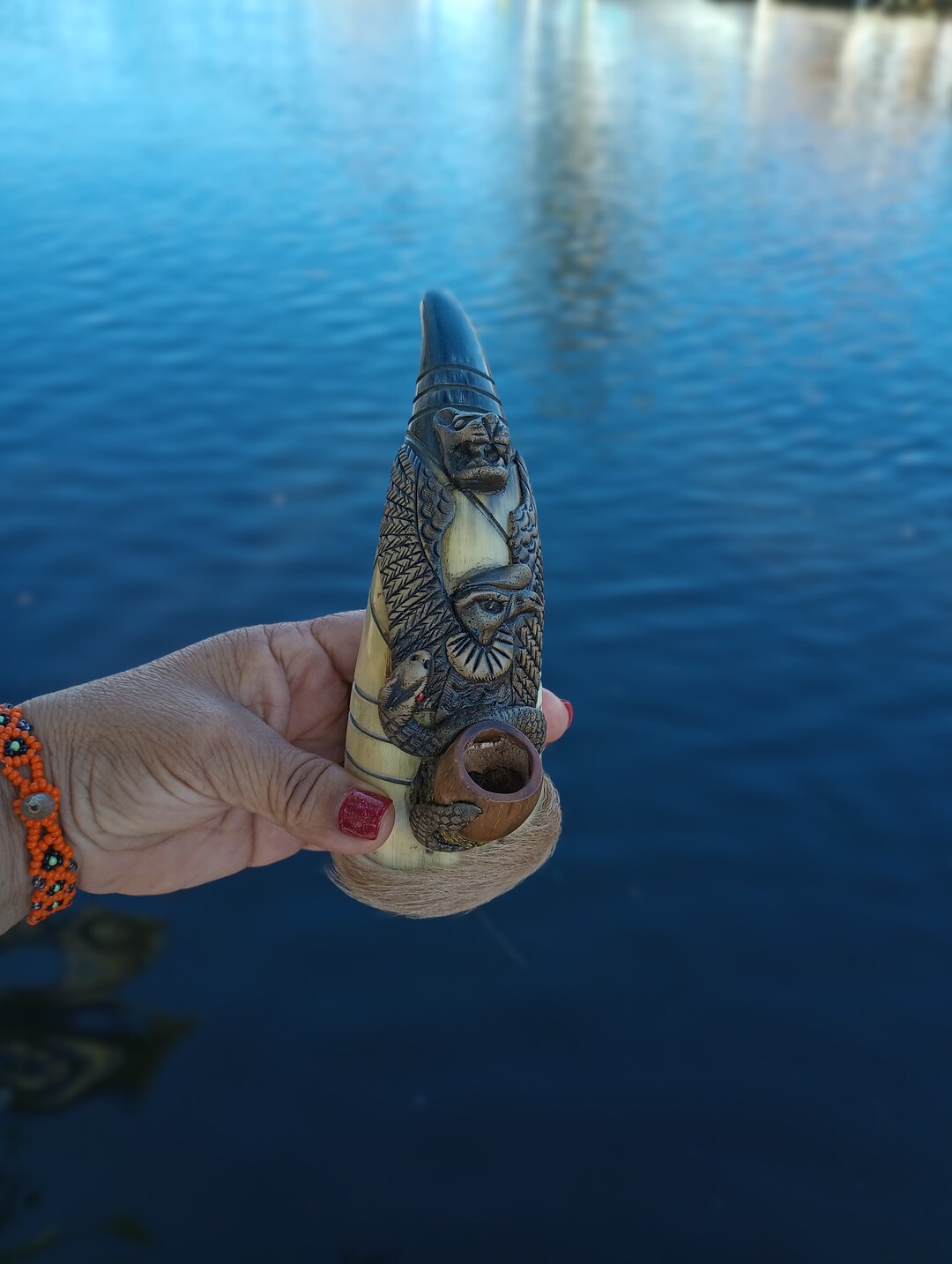 Shaman Smoking Pipe With the Andean Inca Trilogy, Bull Horn Pipe for ...