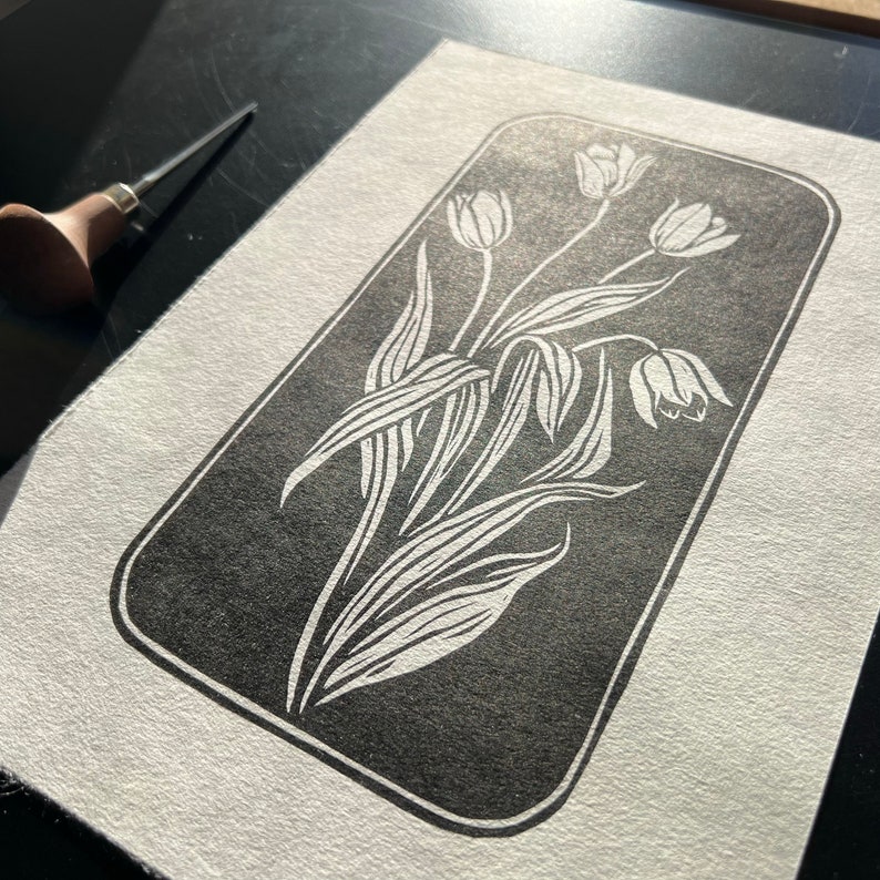 Linocut Tulips on a Black Background an Original Handmade and Signed ...