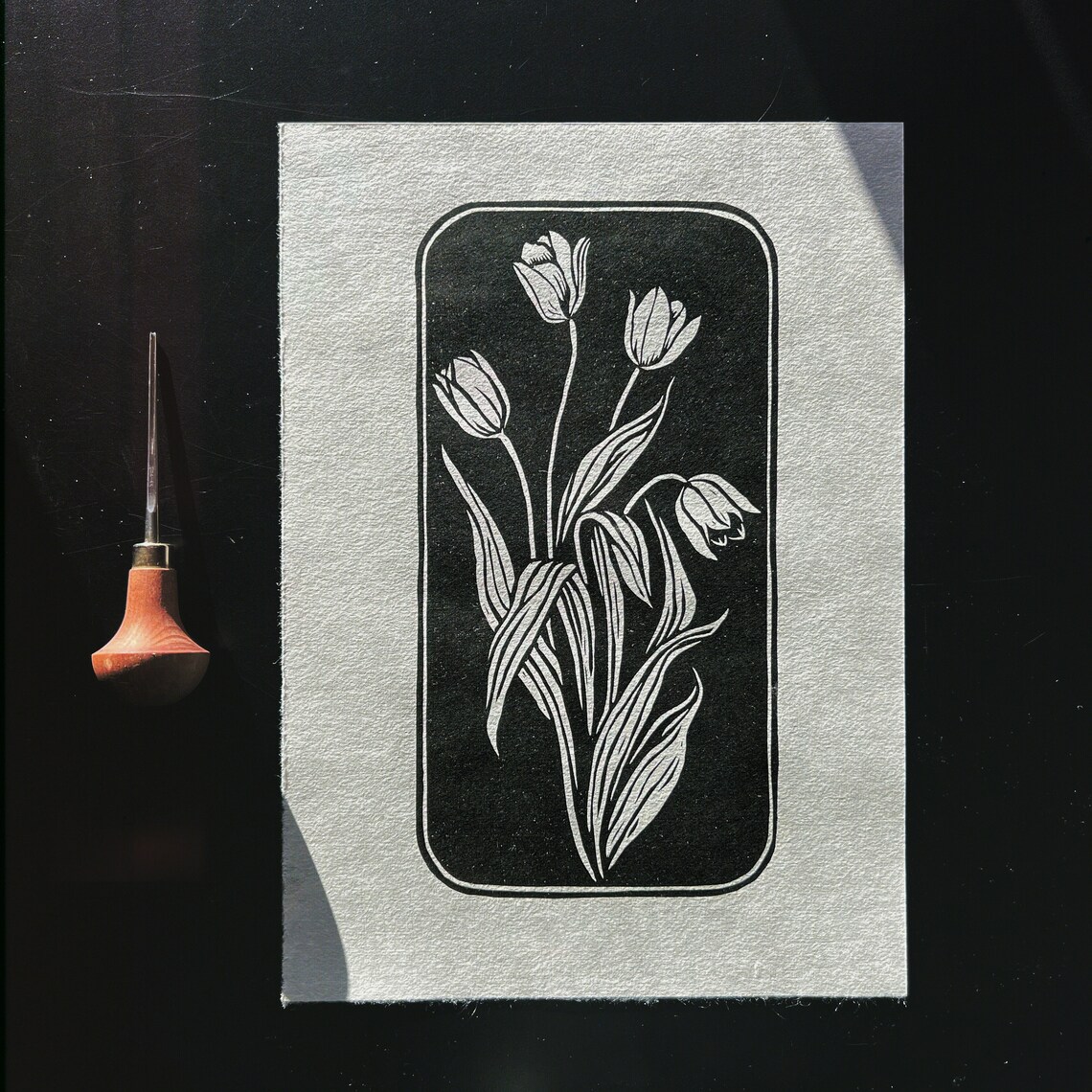 Linocut Tulips on a Black Background an Original Handmade and Signed ...
