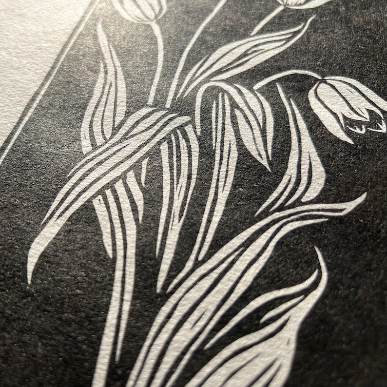 Linocut Tulips on a Black Background – an Original Handmade and Signed ...