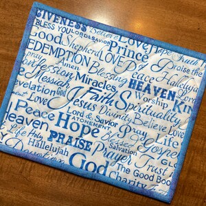 Quilted Religious Mug Rug, Blue and White Christian Words, Item 989 - Etsy