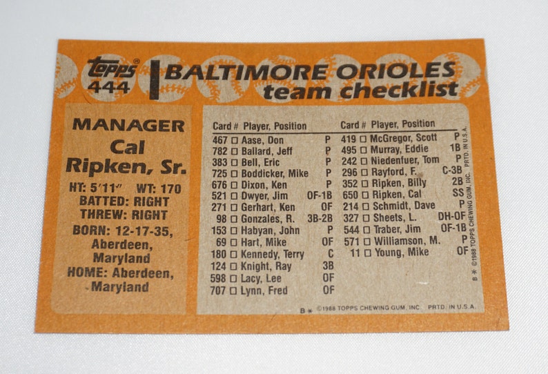 1988 Cal Ripken Sr 444 Topps Baseball Card Baltimore - Etsy