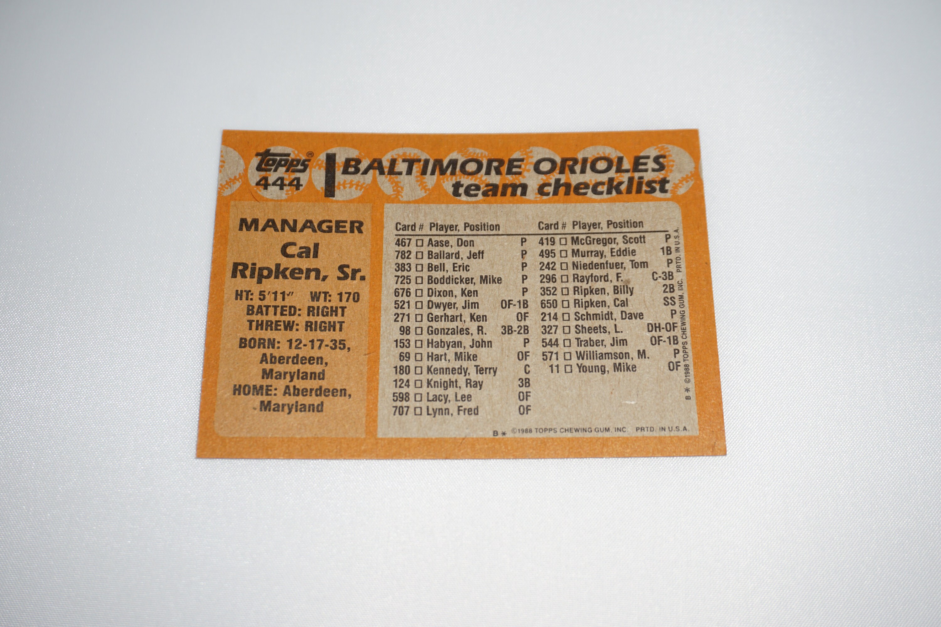 1988 Cal Ripken Sr 444 Topps Baseball Card Baltimore - Etsy