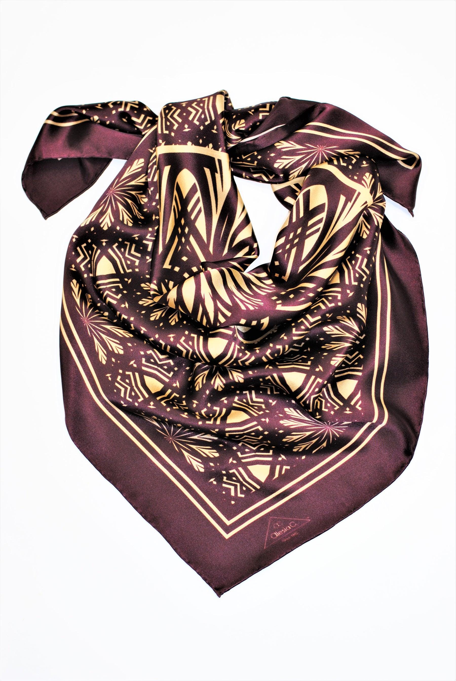 Elegant Serenity Mandala Silk Square Designer Scarf in Brown & Beige ...