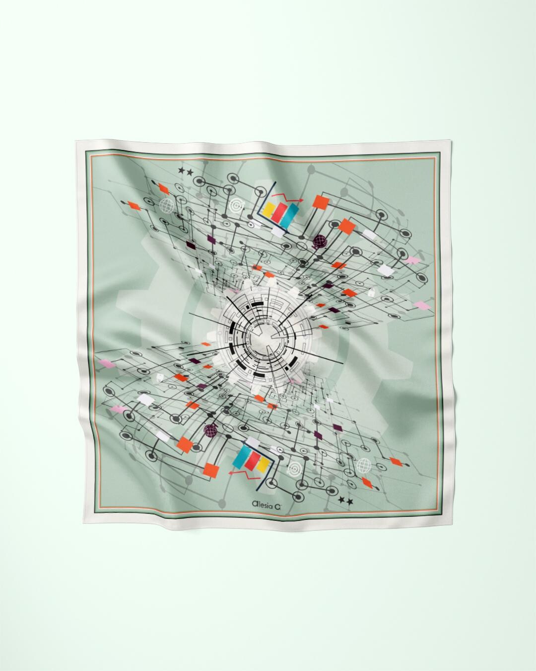 Innovation Flow Sage Green Black Designer 100% Silk Pocket Square 12"× ...