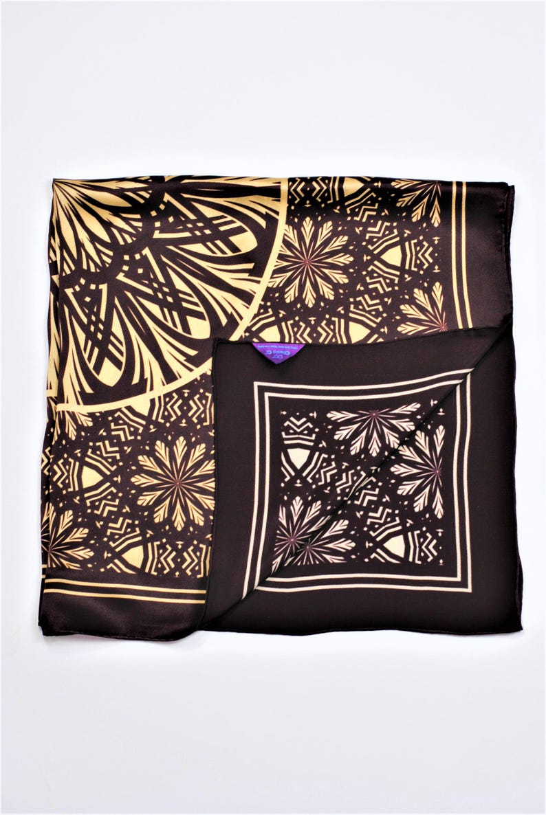 Elegant Serenity Mandala Silk Square Designer Scarf in Brown & Beige ...