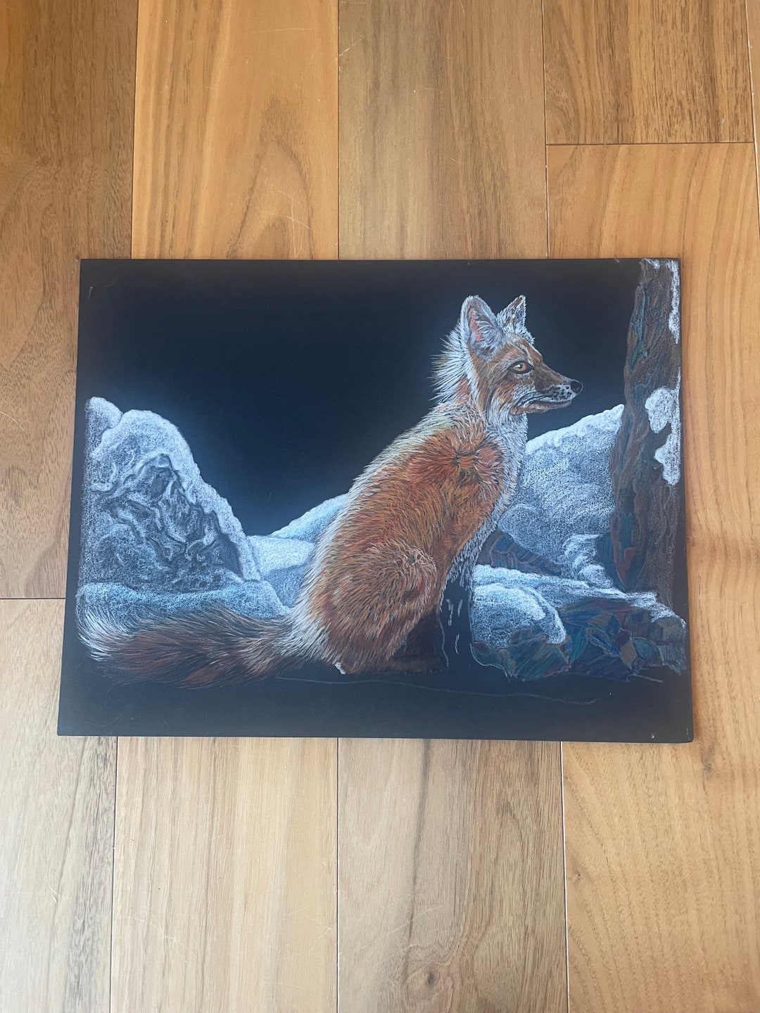 Vintage 1990's RED FOX Original Charcoal Drawing on Black Canvas Art ...
