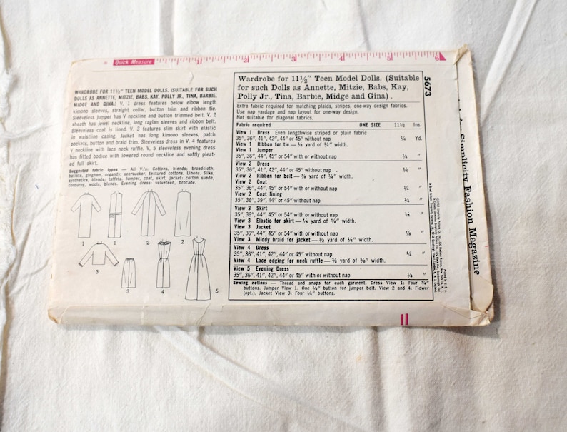 1960s Simplicity 5673 Sewing Pattern, Barbie Size Doll Clothing, Day ...