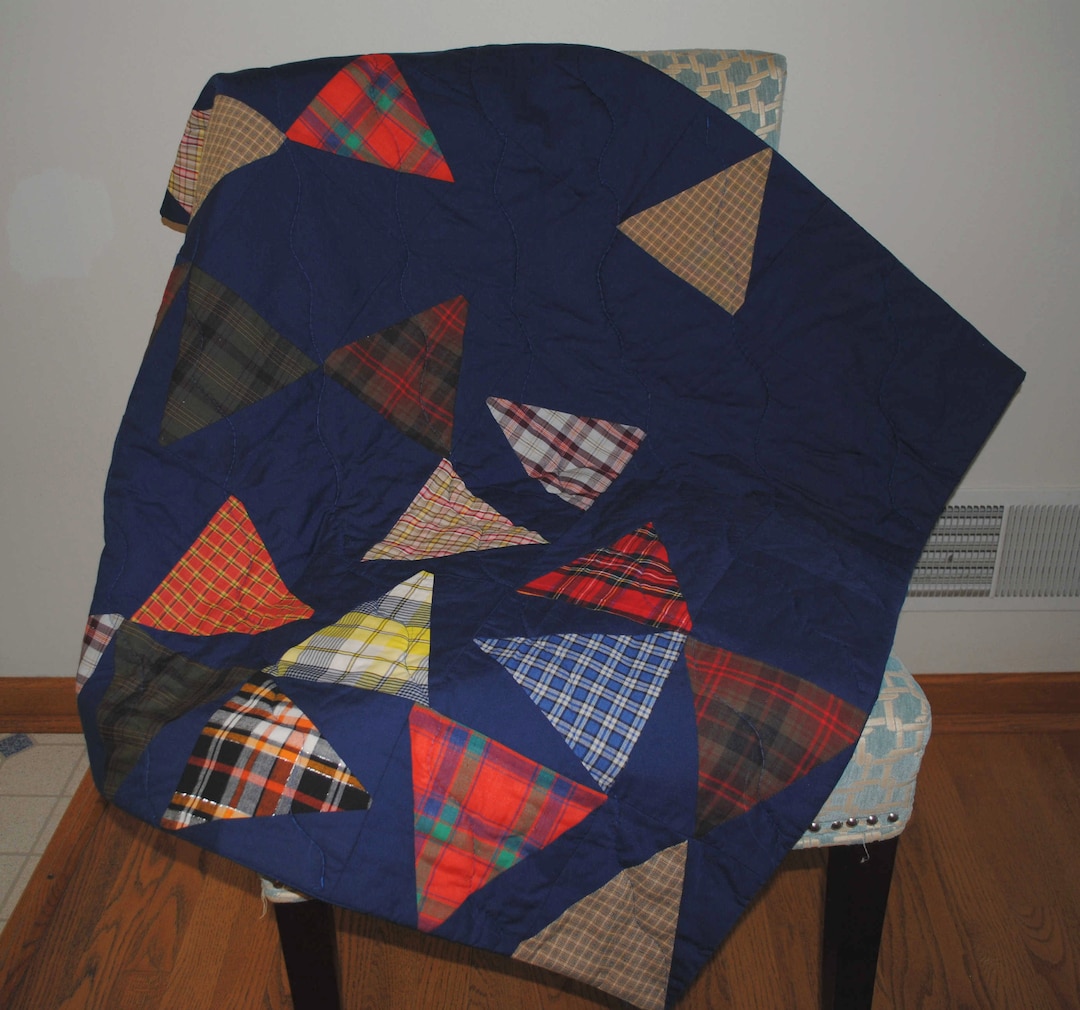 Tumbling Triangle Quilt Solid Blue or Gray With Plaid Triangles Small ...