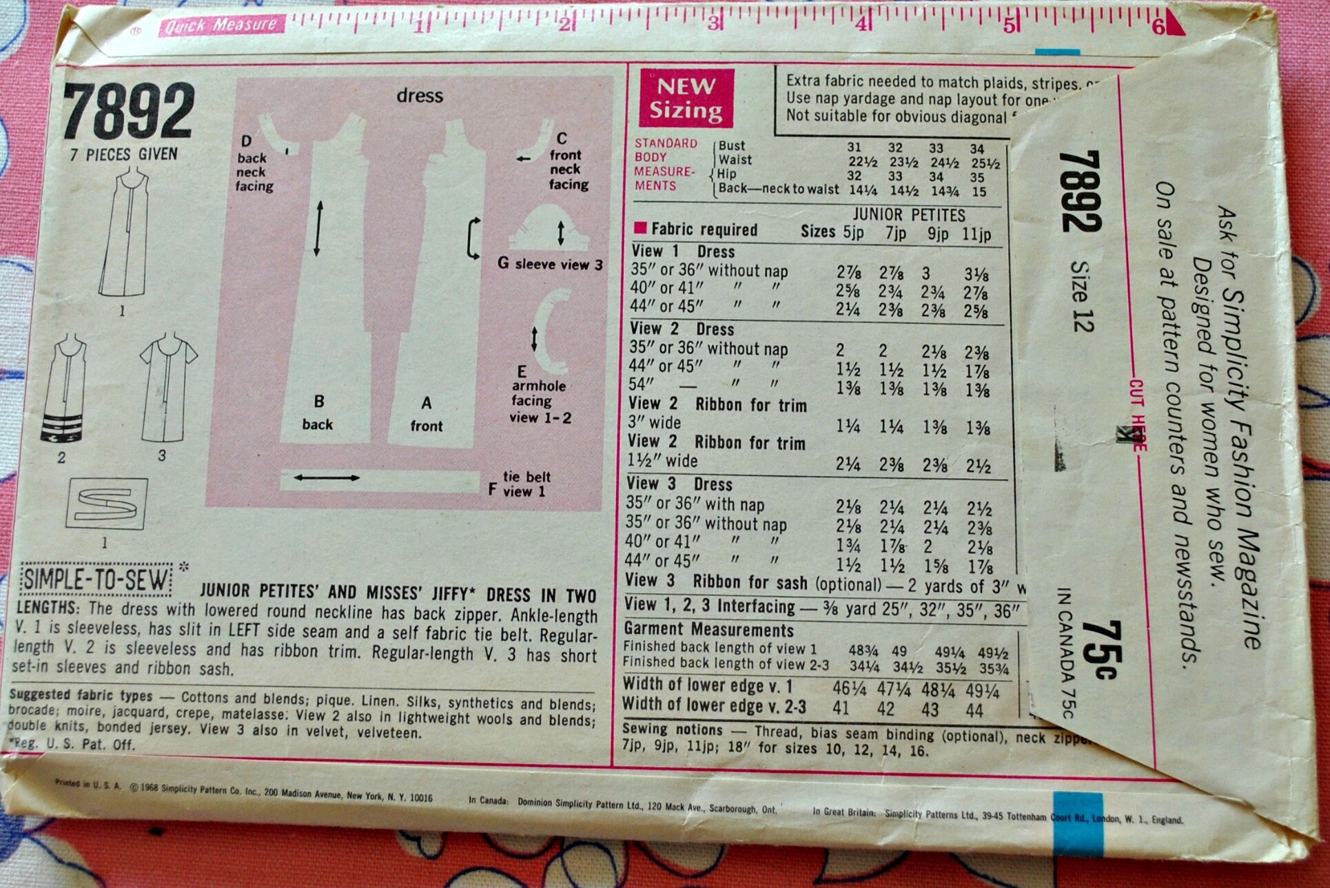 Size 12 Vintage 1960s Groovy Simplicity 7892 Sewing Pattern | Etsy