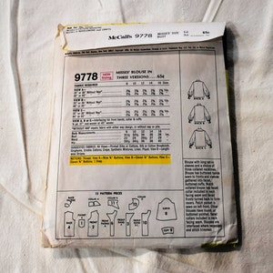 Size 14 Vintage 1970s Mccalls 9778 Sewing Pattern Misses Blouse Pointed ...