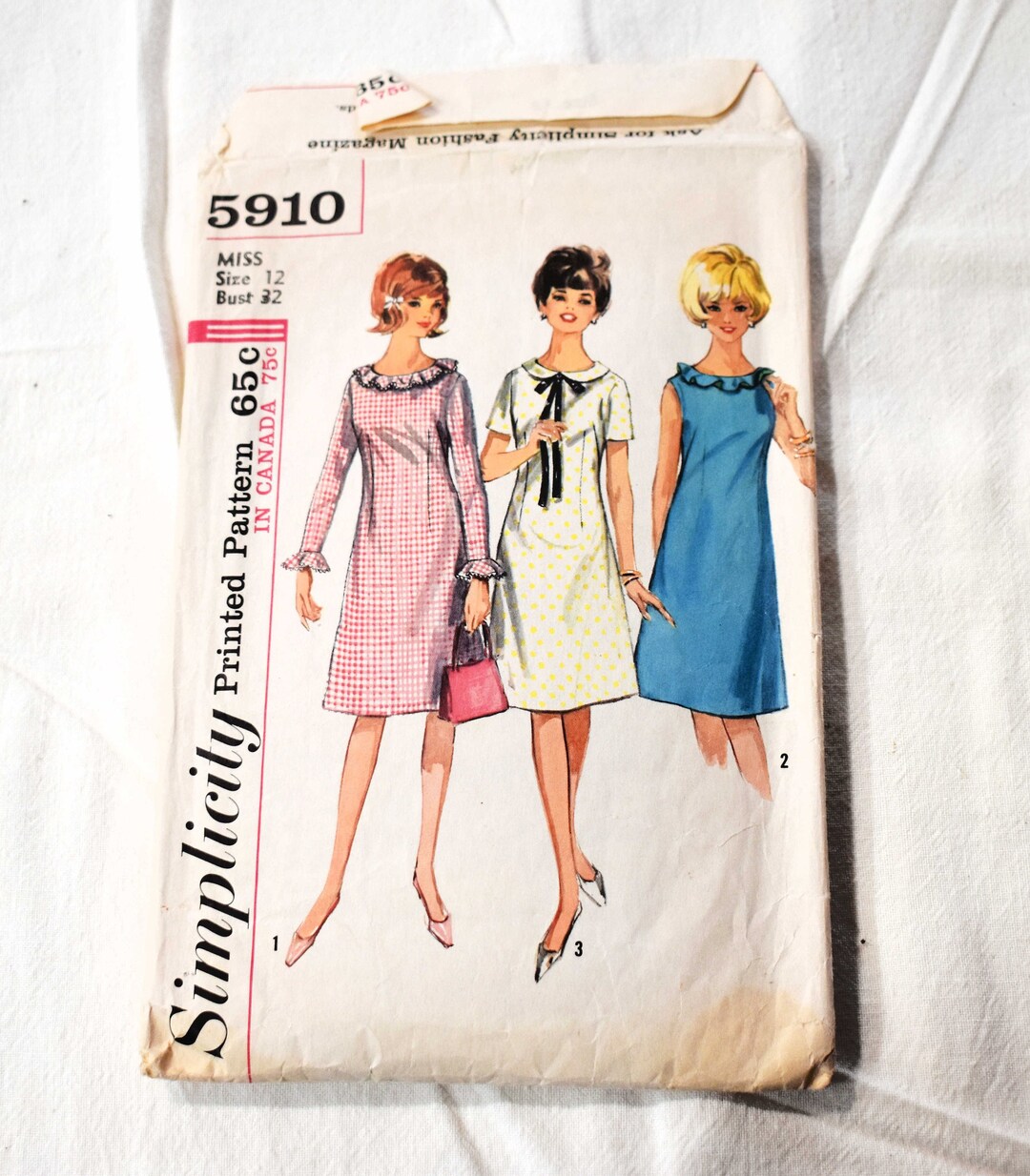 Size 12 Vintage 1960s Simplicity 5910 Sewing Pattern Misses Shift Dress ...