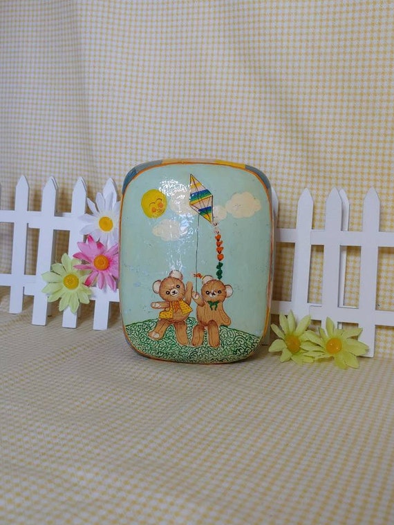 1980s Teddy Bear Painted Jewlery Box - Gem