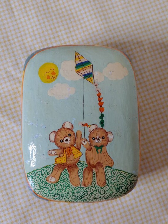 1980s Teddy Bear Painted Jewlery Box - Gem