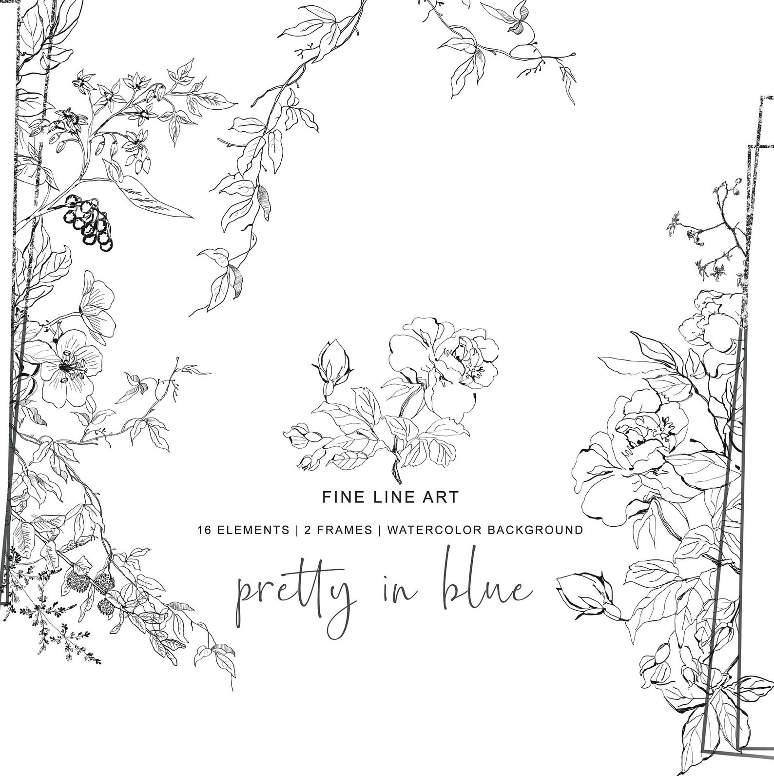 Pretty in Blue, Hand Drawn Fine Line Clipart, Wild Flowers, Sketched ...