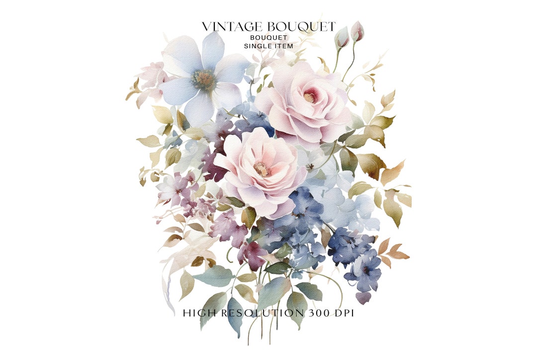 Watercolor Wedding Bouquet Clipart Vintage Flowers Clipart Blue and ...