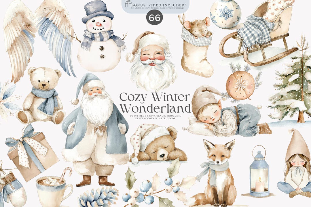 Cozy Winter – Watercolor Clipart – Santa Claus – Winter Animals ...
