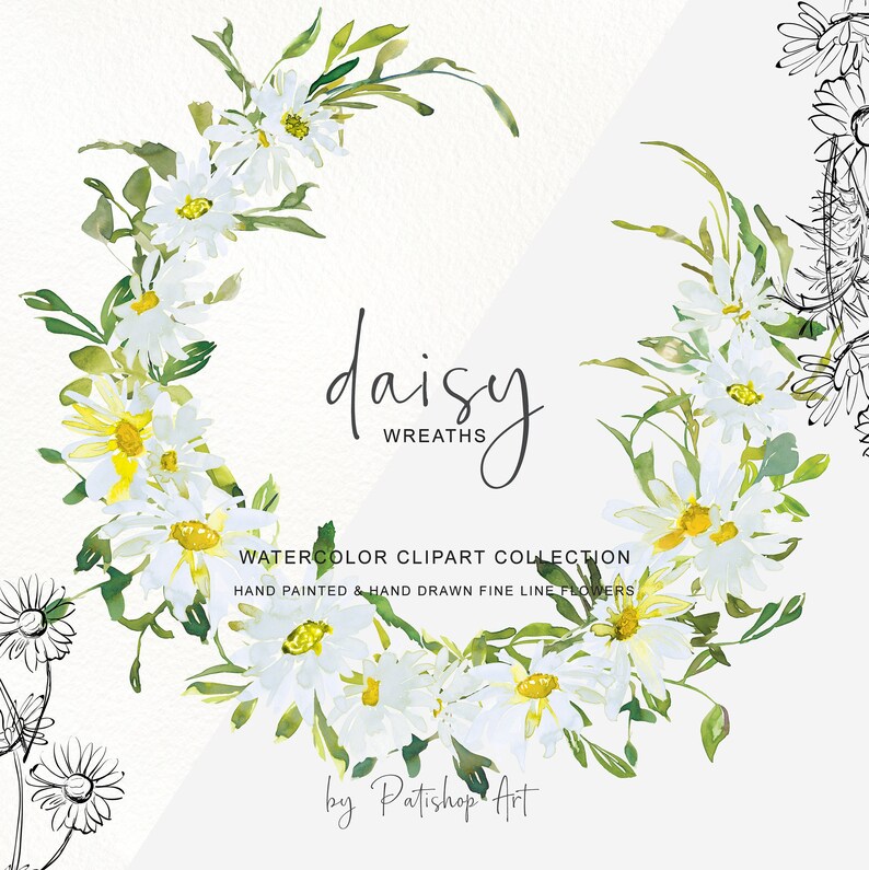 Daisy Clipart - Watercolor Wreath Clipart - Hand Painted Daisy Wreath ...