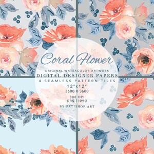 Coral Flower Watercolor Rose Digital Paper Scrapbook Papers Seamless ...