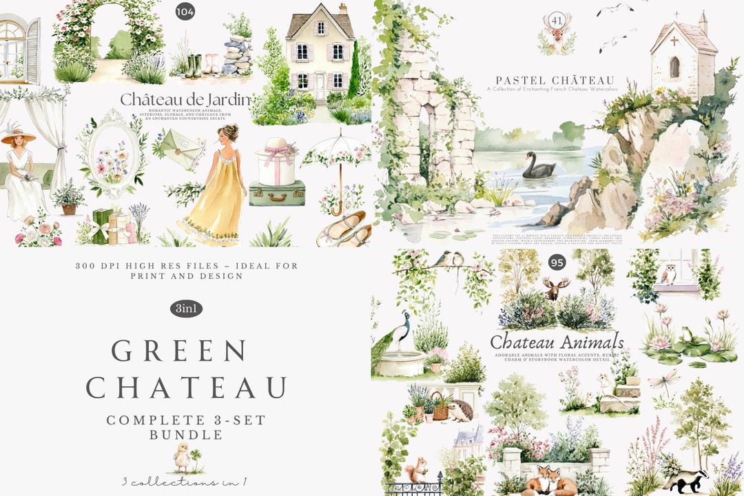 Green Chateau Watercolor Clipart Bundle, Chateau De Jardin, Pastel ...