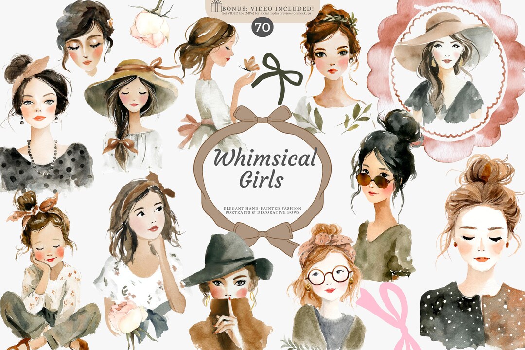 Whimsical Girls, Fashion Portraits, Watercolor Girls, Feminine Clipart ...