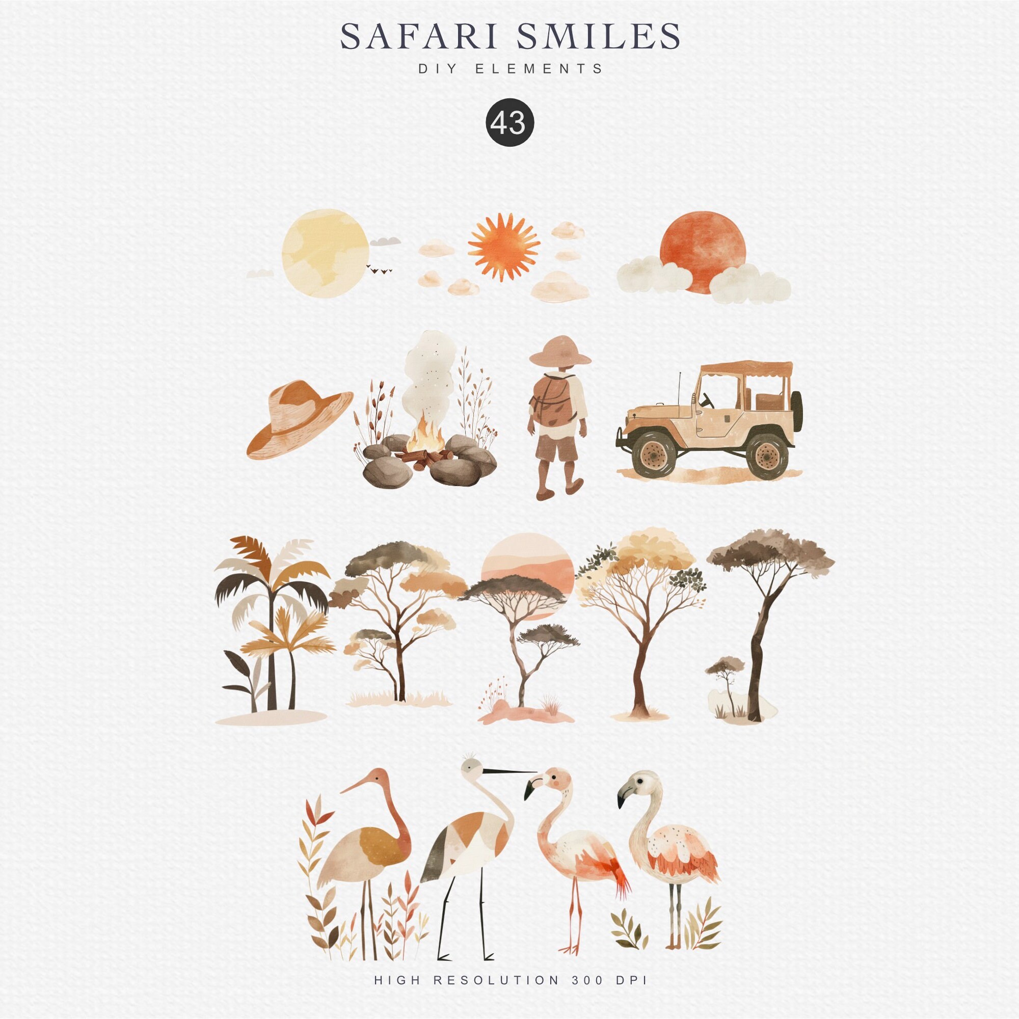 Watercolor Safari Animals Clipart Set, Beige Jungle Baby Art, African ...