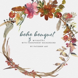 Boho Watercolor Flowers Frames, Hand Painted Boho Floral Wreath Clipar ...