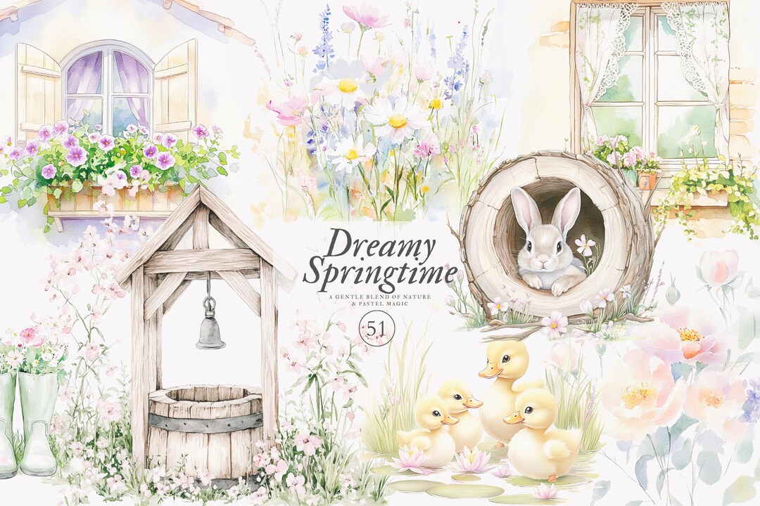 Spring Clipart - Floral Illustration - Bunny Artwork - Watercolor ...