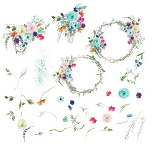 Bright Floral Wreath Watercolor Clipart Png, Colorful Flower Bouquets ...