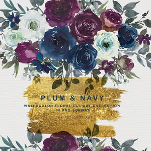 Plum & Navy Floral Clipart Watercolor Print Digital Clipart Boho ...