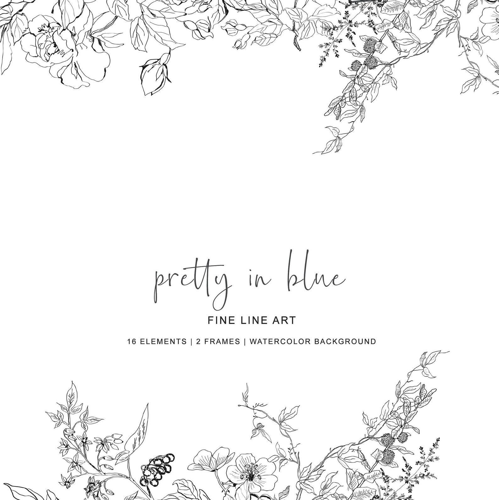 Pretty in Blue Hand Drawn Fine Line Clipart Wild Flowers and - Etsy