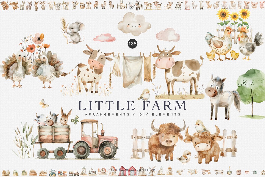 Huge Set Watercolor Farm Animal Clipart Bundle - Nursery Clipart ...