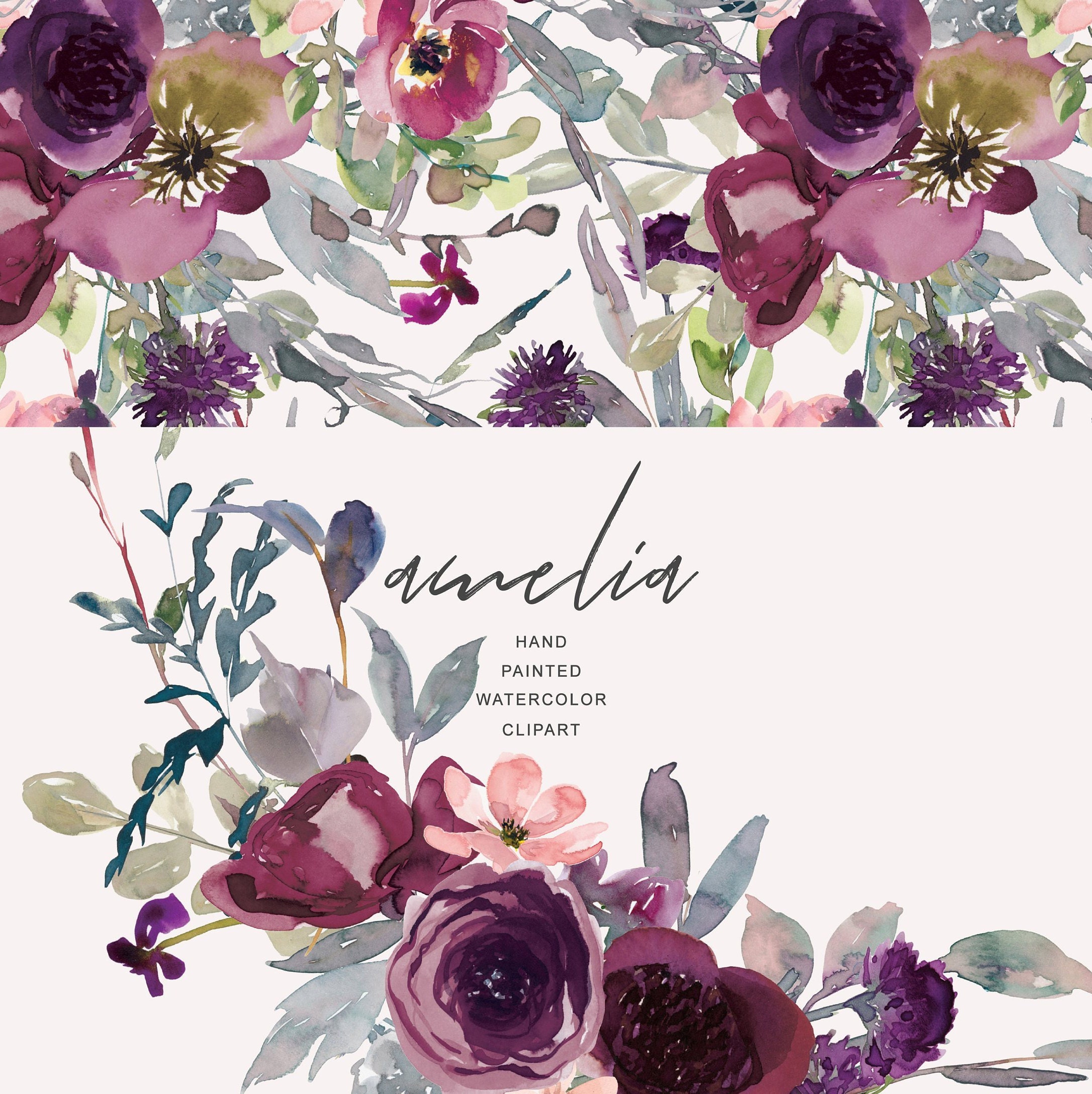 Watercolor Burgundy Flowers Clipart - Pink Flowers Clipart - Watercolor ...