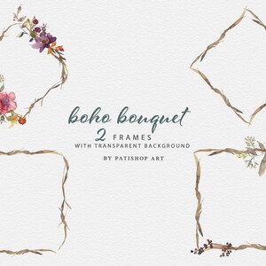 Boho Watercolor Flowers Frames, Hand Painted Boho Floral Wreath Clipar ...